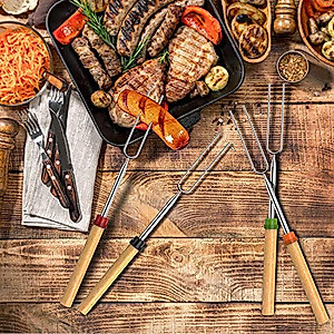 Emopeak Marshmallow Roasting Sticks 4 Pack, Roasting Sticks with Wooden Handle 32 Inch Extendable BBQ Forks Telescoping Smores Sticks for Fire Pit, Campfire