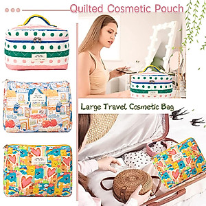 Cotton Quilted Makeup Bag Cut Cosmetic Pouch Large Capacity Flap Handheld Travel Cosmetic Bag Kawaii Coquette Aesthetic Floral Toiletry Bag for Women (Colourful Dots)