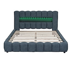 HAUSHECK Upholstered Bed Frame Queen Size with Large Underneath Storage, LED Headboard and USB Ports, Queen Floor Bed Frame w/Wooden Slats Support, Modern Platform Bed No Box Spring Needed