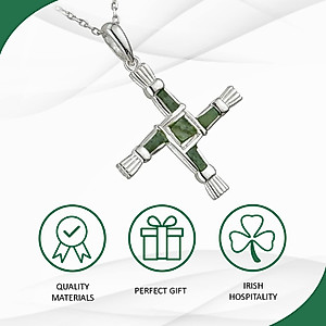Biddy Murphy Saint Brigid Celtic Cross Pendant Necklace 925 Sterling Silver and Connemara Marble Inlay, Authentic Irish Jewelry Imported from Ireland,18" Length, 7/8" x 1 1/14" Inch