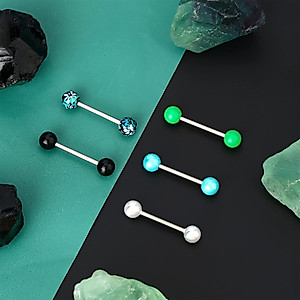 COCHARM Black Green Flower Tongue Rings 14g Unique Floral Tongue Barbells Pearl Tongue Bar Tongue Piercing Jewelry Hypoallergenic