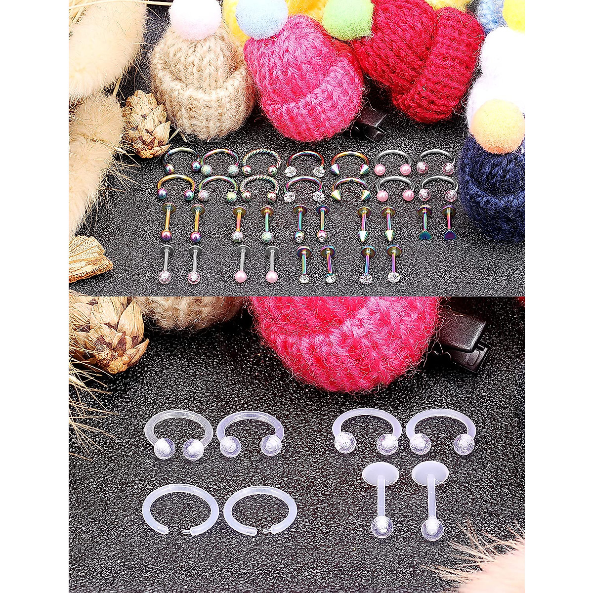 Hoeudjo 16G Surgical Steel Lip Rings Clear Diamond CZ Labret Studs Tragus Horseshoe Ring Helix Hoop Earring Body Jewelry Piercing Retainer for Women Men Rainbow