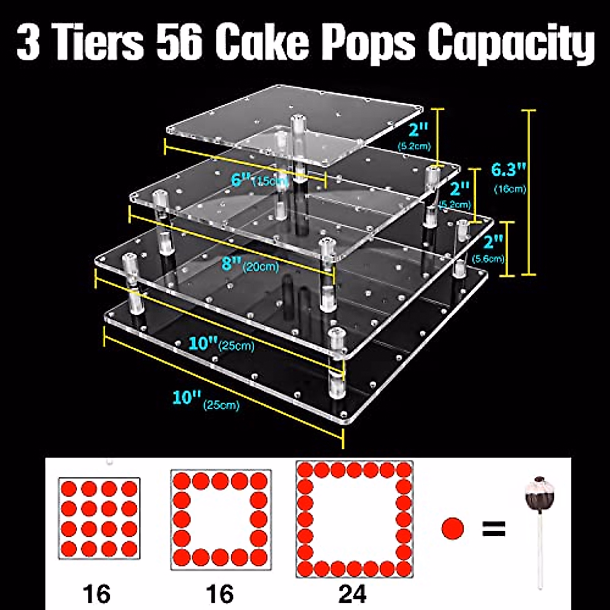 Goabroa Cake Pop Display Stand, 56 Holes Clear Acrylic 3 Tier Square Cupcake Dessert Holder Weddings Baby Showers Birthday Parties Anniversaries Halloween Candy Decorative (56 Hole)
