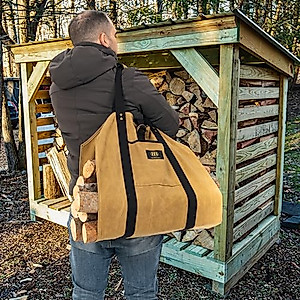 Log Carrier for Firewood Bag - 20oz Waxed Canvas wood carriers with Handles for Fire Logs storage- Fireplace and Campfire Accessories - Durable Waterproof Heavy-Duty Canvas Bag Carrier BROWN