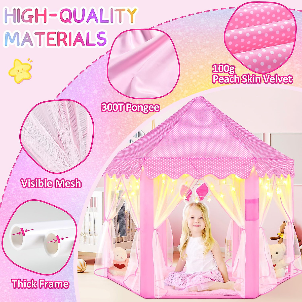 EVOIONOS Princess Tent for Girls, Kids Play Tent with LED Star Lights, Castle Playhouse for Children Indoor Outdoor Games, 55X53 inches, Pink