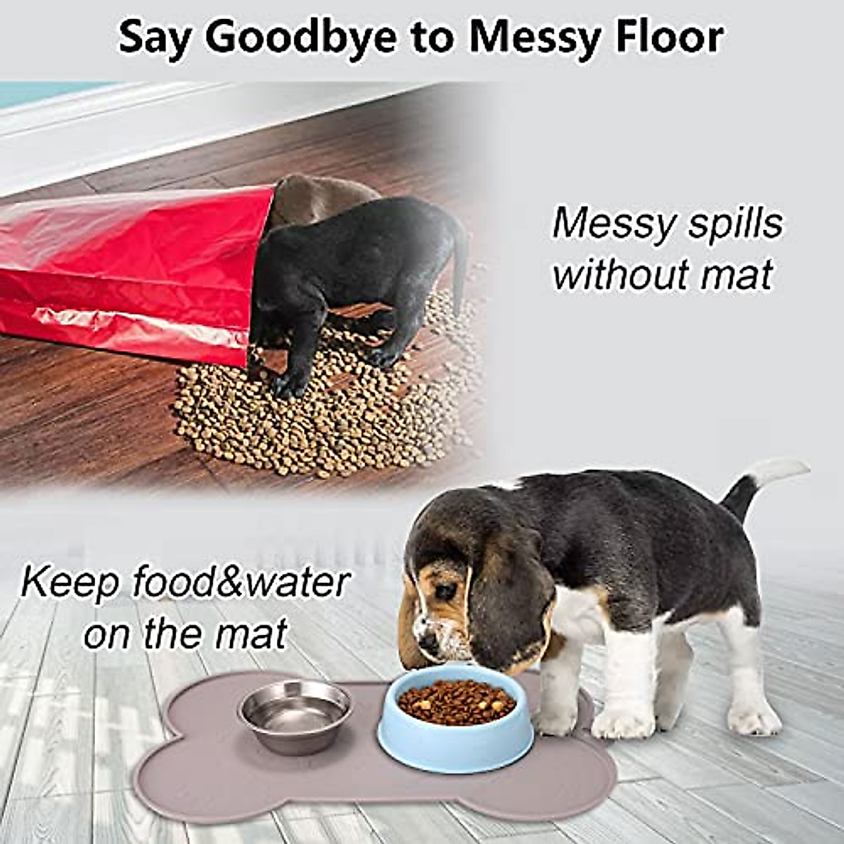 Dog Bowl Mat, NWFHTD Dog Mat for Food and Water Pet Cat Large Small Silicone Rubber Plastic Waterproof Feeding Eating Dish Placemat Trays with Edges Lip for Floor, 17.7"x11.8", Black