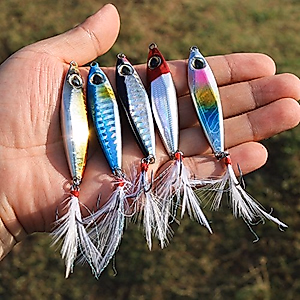 Sougayilang Jigs Fishing Lures Sinking Metal Spoons Micro Jigging Bait with Treble Hook for Saltwater Freshwater Fishing-A-2.56in/1.16oz-5PCS with Box