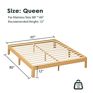 ZIYOO Queen Bed Frame 12 Inch Solid Wood Platform Bed with Metal Slats, Natural Bamboo，No Box Spring Needed, Easy Assembly, Heavy Duty Bed Frame，Free of Noise