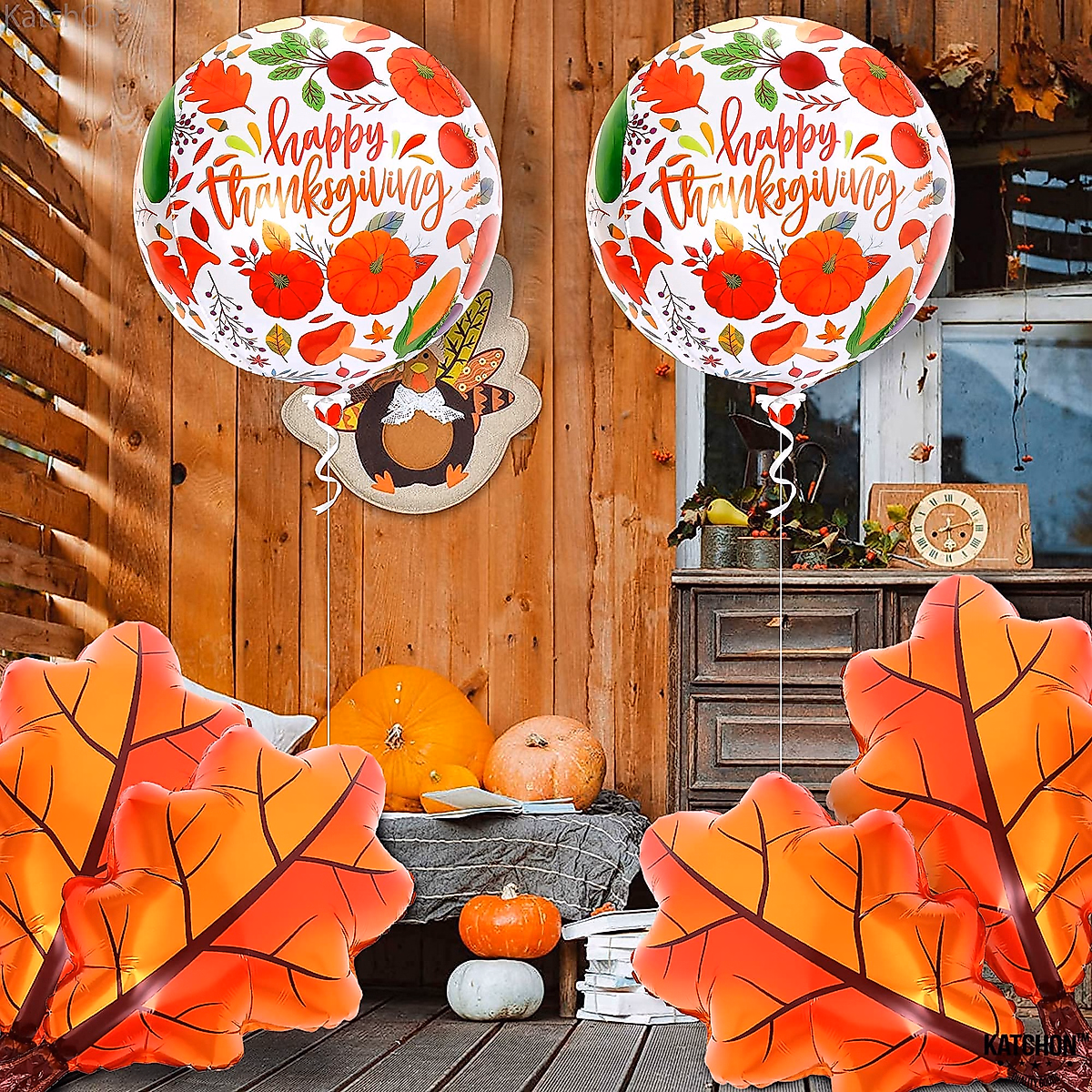 KatchOn, Happy Thanksgiving Balloons - Large 27 Inch, Pack of 6 | Maple Leaf Balloons - Big, 27 Inch | Thanksgiving Balloon Garland Kit, Fall Balloons | Fall Leaves Balloons | Turkey Balloons