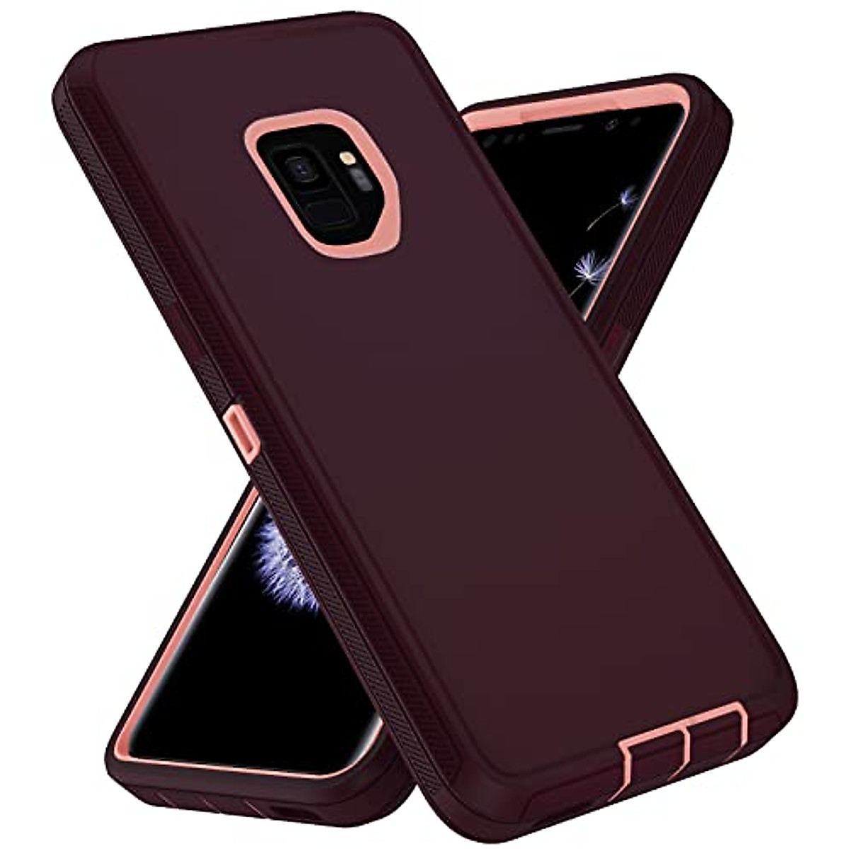 Annymall for Samsung Galaxy S9 Case with Screen Protector, Full Body Heavy Duty Shockproof Drop-Proof Phone Case Rugged Triple-Layer Defender Protective Cover for Samsung Galaxy S9 (Wine/Pink)