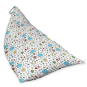 Lunarable Retro Lounger Chair Bag, Smiling Sun Moon Stars Clouds Flowers Butterflies Ladybugs Heart Shapes Art, High Capacity Storage with Handle Container, Lounger Size, Yellow Blue