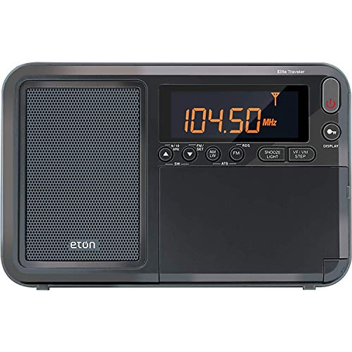 Eton - Elite Traveler AM/FM/LW/Shortwave Radio with RDS & Custom Leather Carry Cover, 500 Station Memory, Sleep Timer, Local/World Time Setting, Snooze Function, Orange LCD Display, Earphone Jack