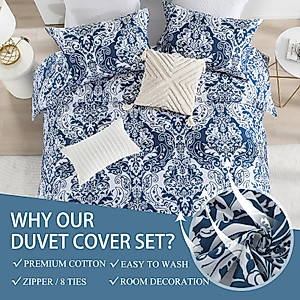 Quilta Navy Duvet Cover Queen - 100% Cotton Queen Duvet Cover Set Damask Duvet Cover 3pcs Soft & Lightweight with Zipper Closure & 8Ties for All Seasons 90 x 90 (No Comforter)