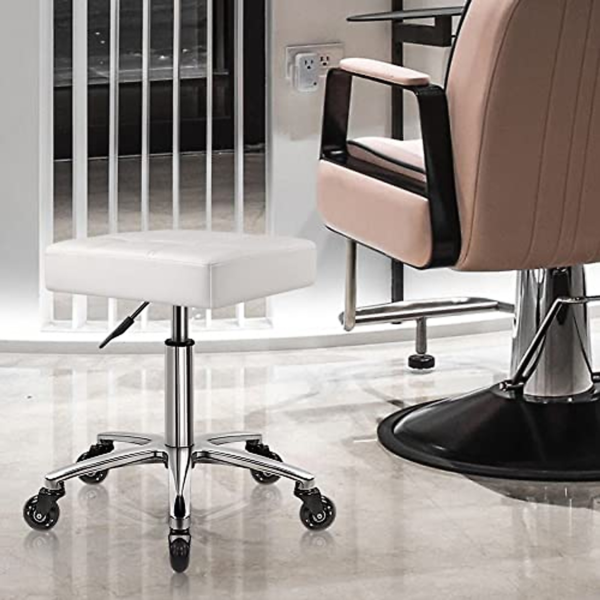 WKWKER Heavy Duty Rolling Stool with Wheels Hydraulic Swivel Adjustable Rolling Stool Ergonomic Thick Leather Rectangle Seat Stool Chair for Kitchen Drafting Lab Office Salon Message Stool – White