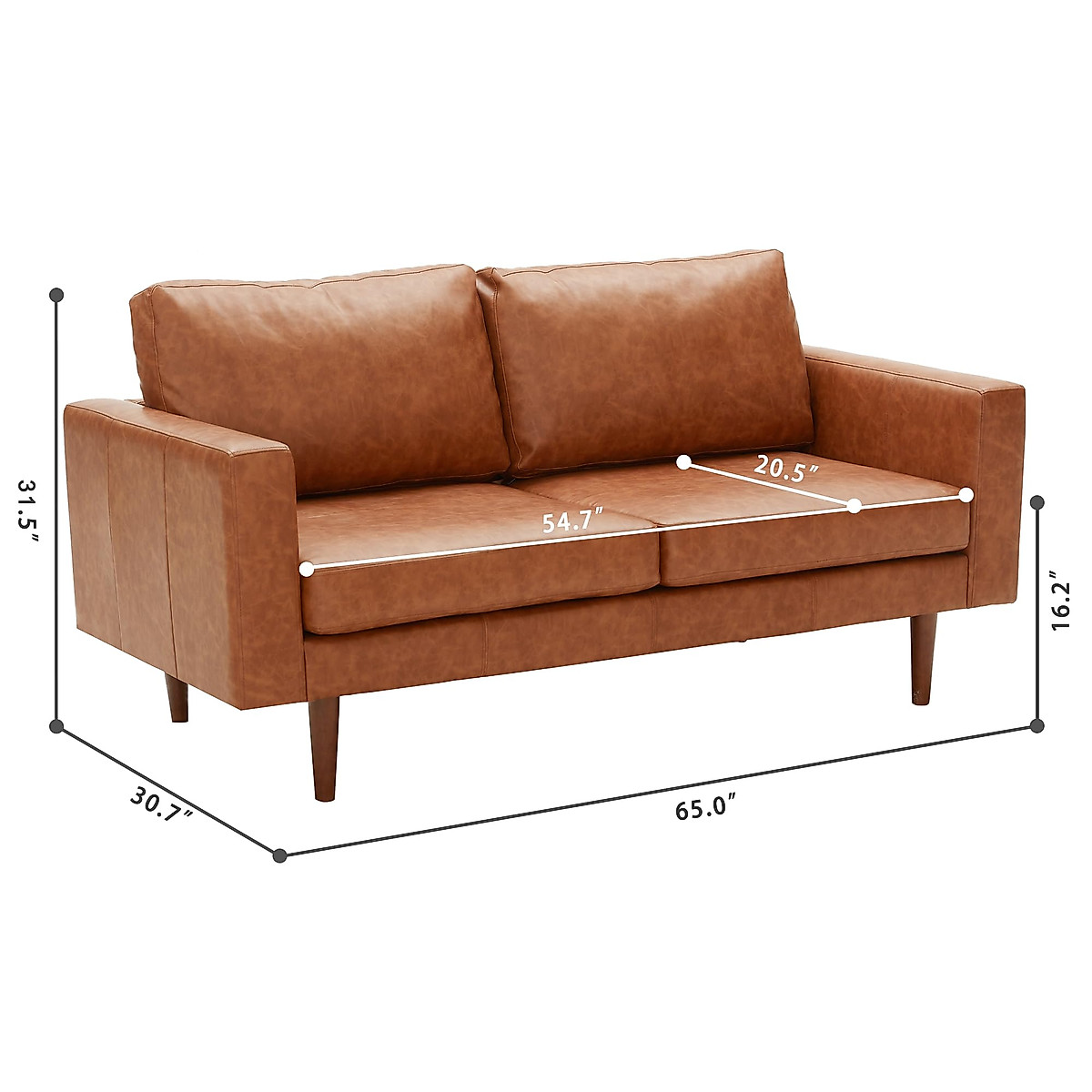 Kingfun 65" Loveseat Sofa, Faux Leather Love Seat Couch, Mid Century Modern Couch with Solid Wooden Frame for Living Room & Bedroom in Small Spaces, Brown