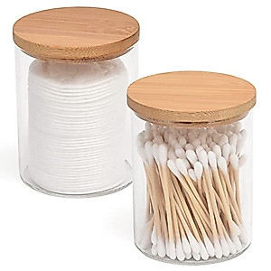 BKYFPQ 2 Pack Glass Qtip Holder Dispenser Bathroom Jars with Bamboo Lids, Cotton Ball Pad Round Swab Holder for Bathroom Accessories Storage Organizer,Farmhouse Bathroom Decor, Boho Bathroom Decor.