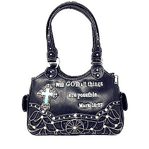 Western Style Embroidery Scripture Women Rhinestone Cross Bible Cover Book Case Crossbody Handbag Wallet in 5 Colors (Black Set)