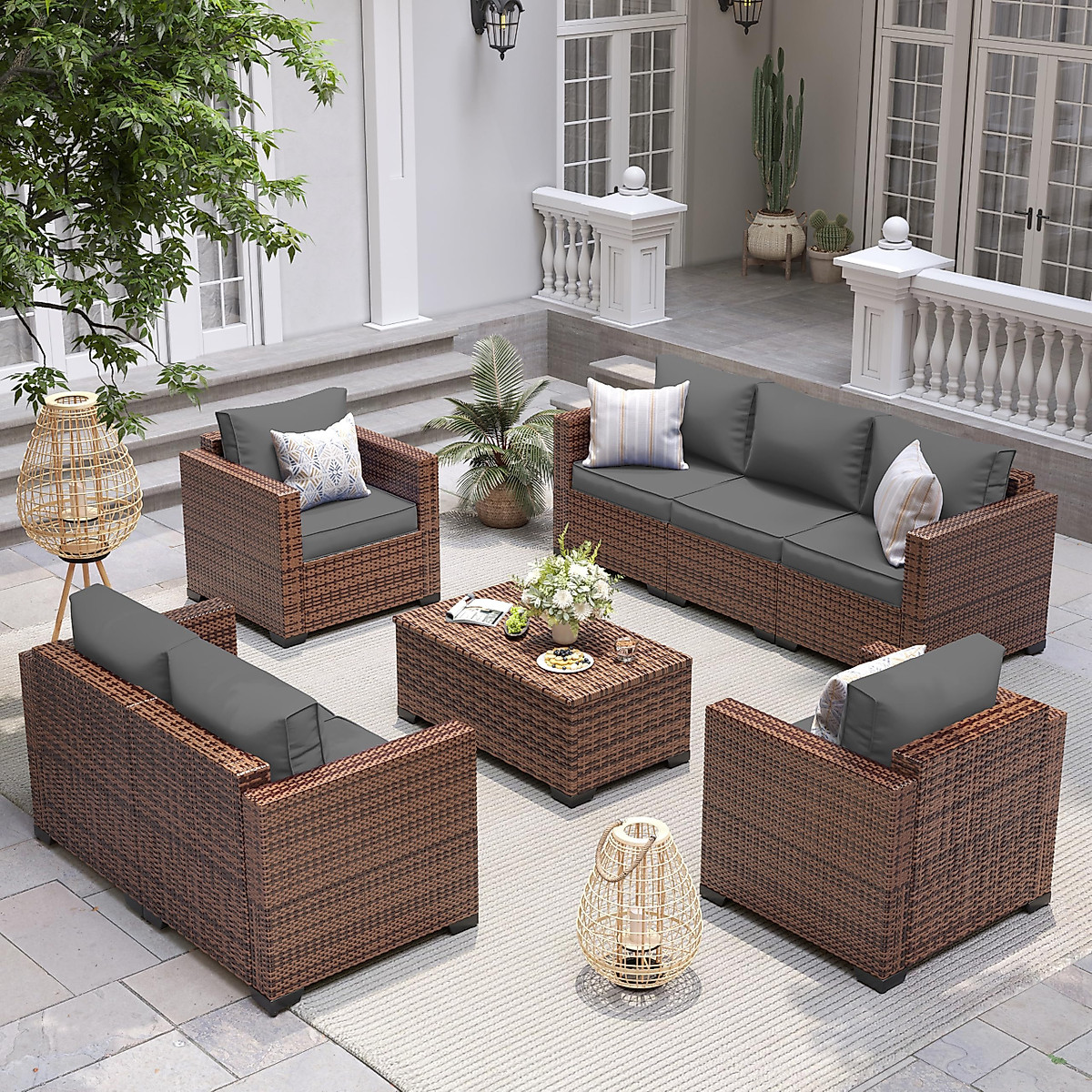 UDPATIO Outdoor Patio Furniture Set 5 Piece Wide Armrest Rattan Patio Sofa Sets w/Storage Table and Waterproof Covers for Poolside Deck Backyard, Grey