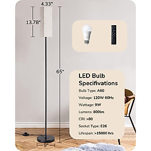 EDISHINE Modern Corner Floor Lamp, 65" Minimalist Pole Lamp with Remote, Dimmable Tall Reading Light for Living Room, Bedroom, Office, 9W LED Bulb Included (Black)