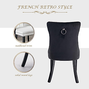 LKTART Dining Chairs Set of 6 PU and Velvet Upholstered Tufted Back with Nailhead Trim and Back Ring Pull Solid Wood Legs for Kitchen Bedroom Dining Room White + Black