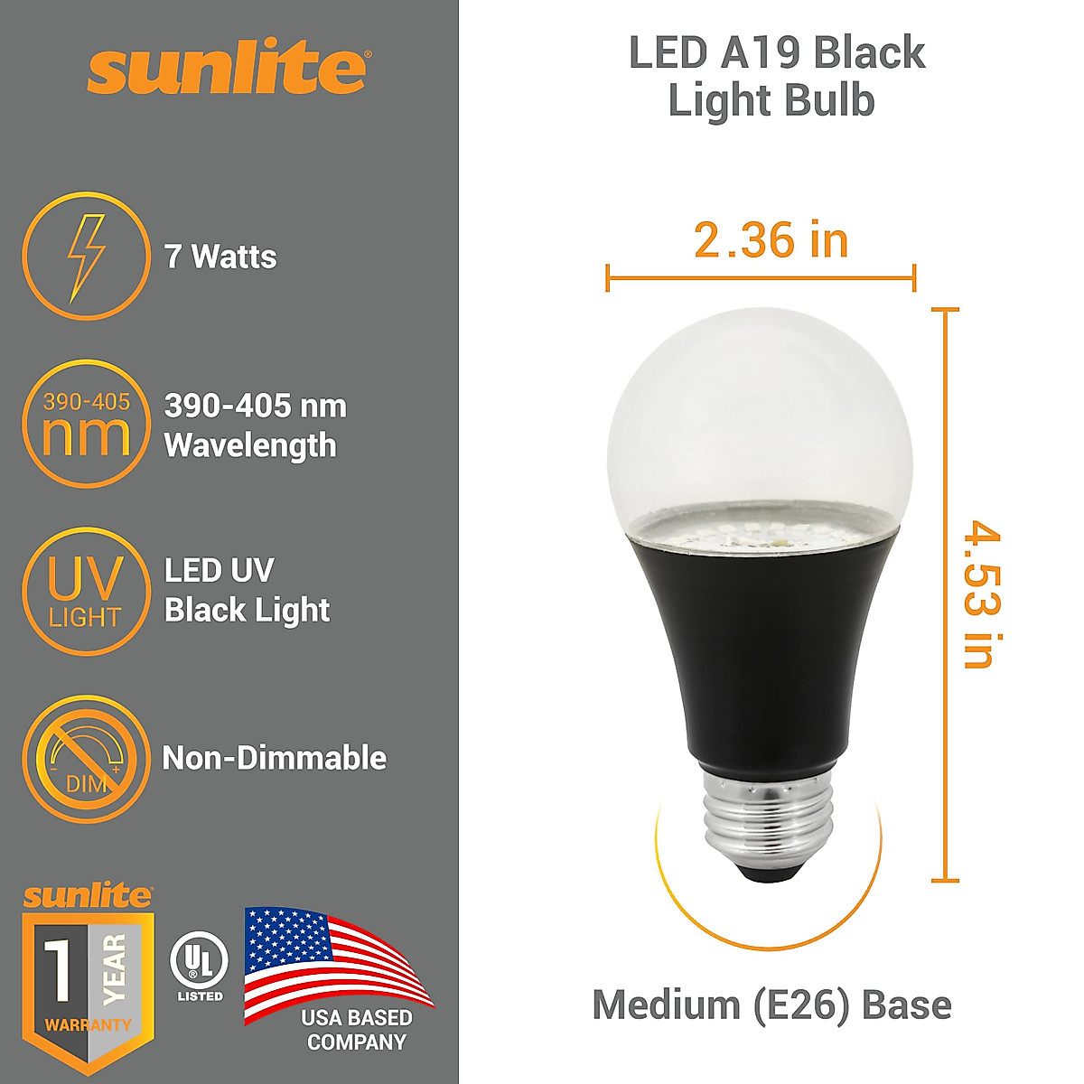 Sunlite LED A19 Black Light UV Bulb, 7W (60W Equiv.), Medium E26 Base, Non-Dimmable, 390-405nm Wavelength, Ideal for Black Light Room Decor, Halloween Decorations, Indoor UV Decor, UL Listed, 3 Pack