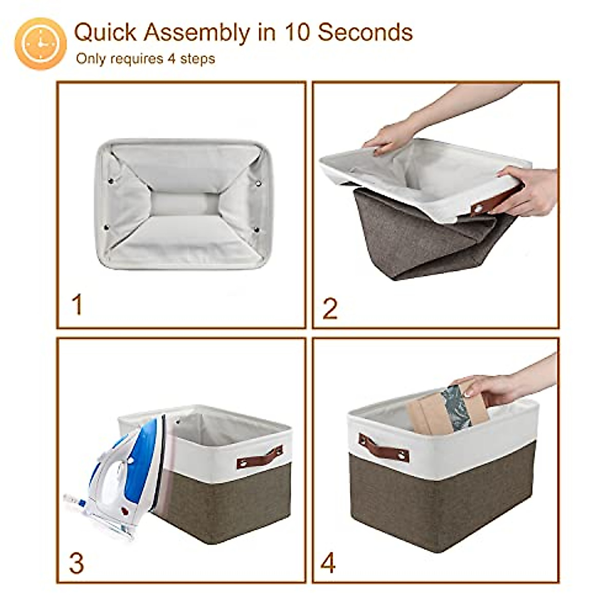 D.K AMZ Foldable Storage Bins with Handles, Rectangle Fabric Storage Basket for Shelves, Collapsible Closet Organizer for Home Office, 3 pack-15 x 11 Inches, Beige and Brown (YMXHZ019004)