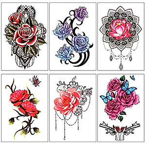 Konsait 15 Sheets Flower Temporary Tattoos for Women, Half Arm Tattoos Sleeves Stickers, Rose Flower Skull Butterfly Fake Tattoos, Arm Chest Shoulder Decorations Tattoos for Adults Girls Kids