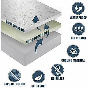 Bamboo Mattress Protector with Zipper - 100% Waterproof King Size Cooling Mattress Cover - Ultra Soft Jacquard Fabric Breathable Noiseless Mattress Pad Cover - Zippered Mattress Encasements