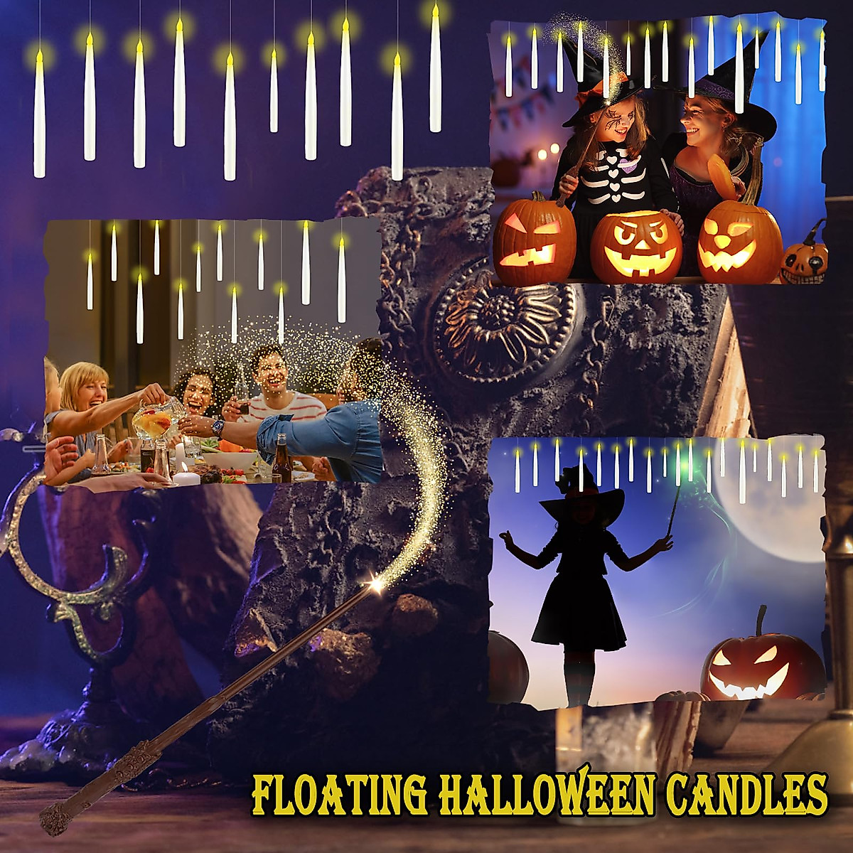 GTYZZH Floating Candles with Wand, 24PCS Hanging Candles with Remote Wand, Warmwhite Flickering Flameless Magic Floating Candle Lights for Halloween Christmas Decorations