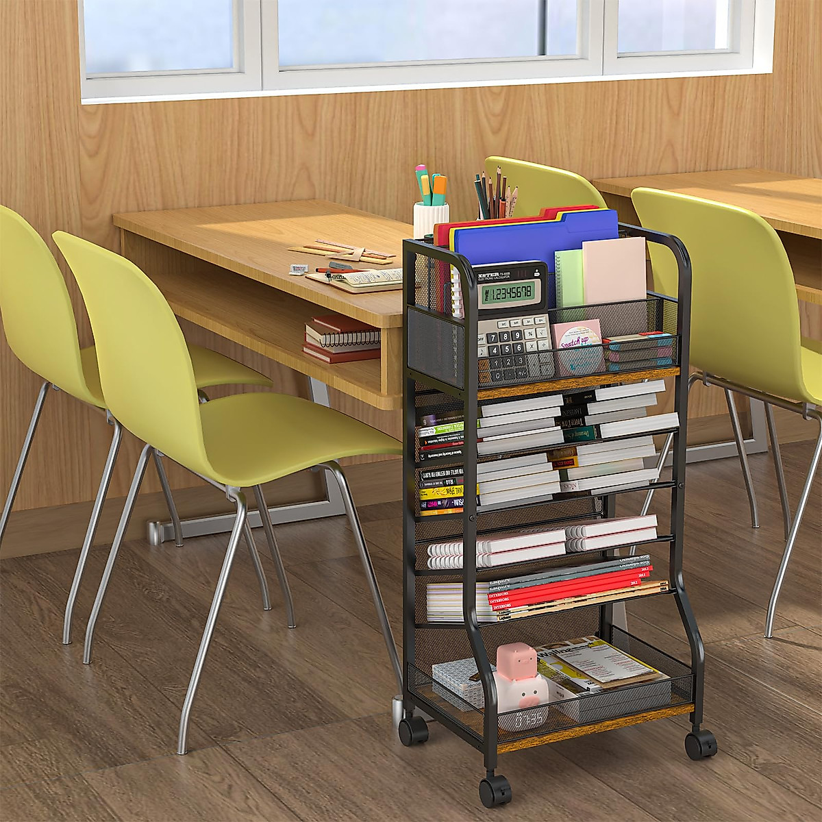 Rolling File Cart 6 Tier File Organizer Cart,Wood and Mesh Design with Detachable Wheels Removable Trays,Rolling Office Cart Homeschool Organization,Paper Organizer Desk Beside Mobile Bookshelf