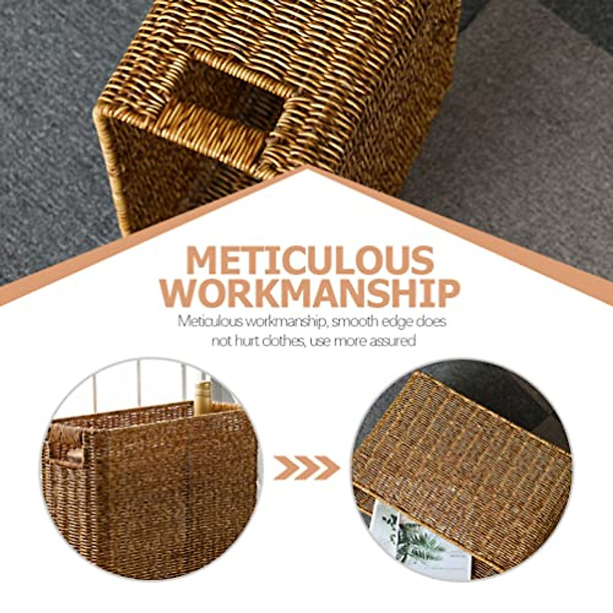 Zerodeko Imitation Rattan Hand Woven Magazine Basket, with Handles, Plastic Storage Basket Magazine Wicker Basket Hollow Handle Basket Desktop Magazine Holder