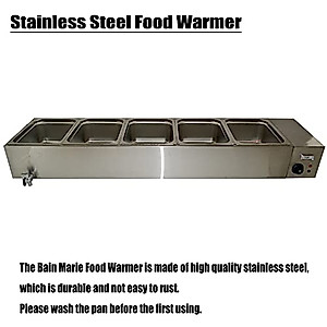 HQHAOTWU 5-Pan Electric Food Warmer Commercial Bain Marie Buffet Stainless Steel Food Container Single-Row Pans with Temperature Display and Glass Guard for Restaurant Canteen 13"×10.5"×6" Pan