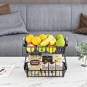 Wisdom Star 2 Tier Fruit Basket Bowl Farmhouse for Kitchen Countertop, Detachable Metal Bread Fruit Vegetable Storage Basket Stand Holder with Wooden Handle, Black