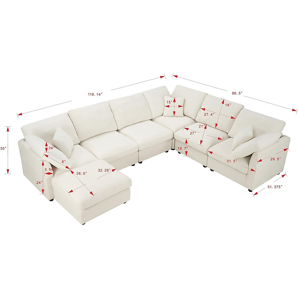 FANYE Oversized 7 Seater Modular Cushions Sectional Sofa Couch with Movable Ottoman,U-Shaped Corner Deep Seat Sectional&Couch Convertible Spacious Sleeper Sofabed for Home Apartment Living Room Sets