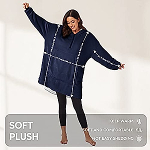 PUPIU Womens Wearable Blanket Hoodie with Zipper Fleece Oversized Hoodie Blanket with Pockets Unisex Cozy Christmas Blanket Sweatshirt Navy Blue