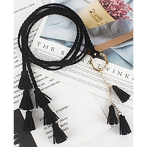 2 Pack Women Girls PU Leather Waist Belt Chain Skinny Rope with Double Tassel for Dress Skirt (1pc Black+1pc Camel)