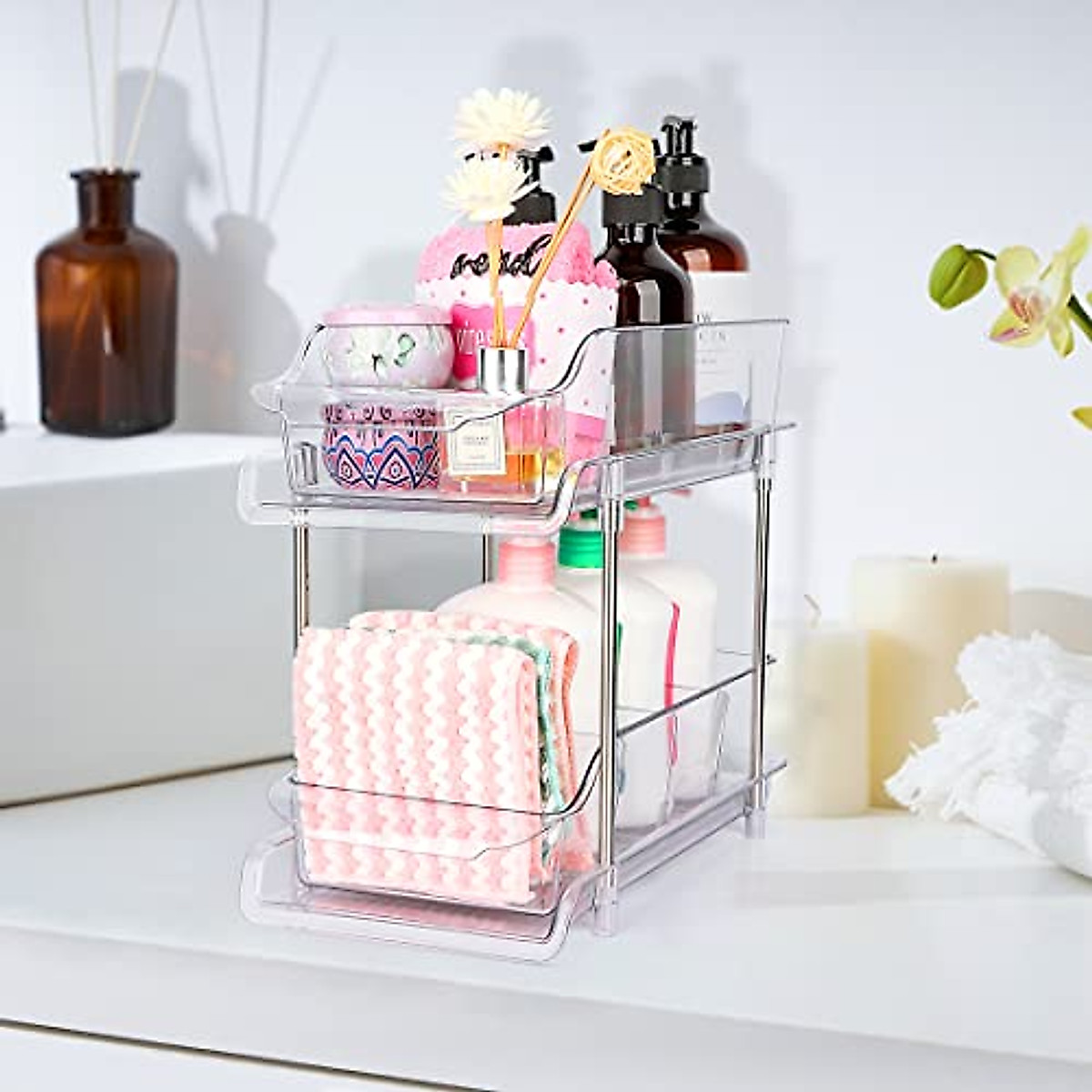 Bathroom Storage Organizer with Dividers, 2 Tier Multi-Purpose Kitchen Under Sink Organizers and Storage Slide-Out, Closet Organization, Kitchen Pantry Cabinet Medicine Bins