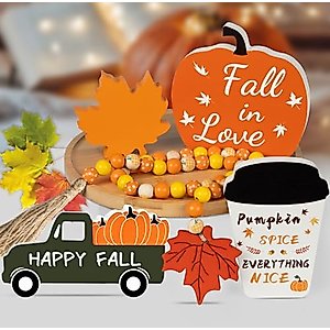 5Pcs Fall Decor Fall Decorations for Home Fall Tiered Tray Decor Pumpkin Truck Maple Coffee Cup Sign Wood Bead Garland Fall Table Decor for Autumn Harvest Thanksgiving Decor