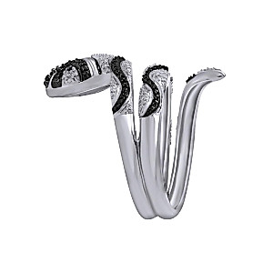 14k White Gold Over Sterling Silver Black Natural Diamond Accent Snake Ring For Women Ring Size-7 (0.01 Carat, Color - Black, Clarity I2-I3)