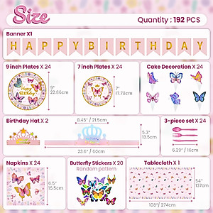 Butterfly Birthday Decorations Tableware Set,192 PCS Butterfly Birthday Party Supplies Serves 24 with Plates Napkins Tablecloth Cupcake Toppers and Banner for Butterfly Girl Birthday Party Decorations