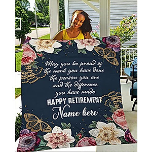 Personalized Retirement Gift for Women - Happy Retirement Blue Blanket - Custom Blanket for Mother's Day - Floral Blanket Gift Idea for Birthday Christmas - JB233 (60x80 inch)