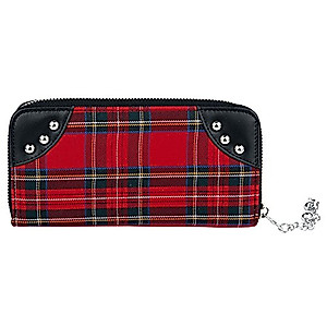 Lost Queen Red Tartan Plaid Punk Handcuff Skull Charm Zip Around Wallet