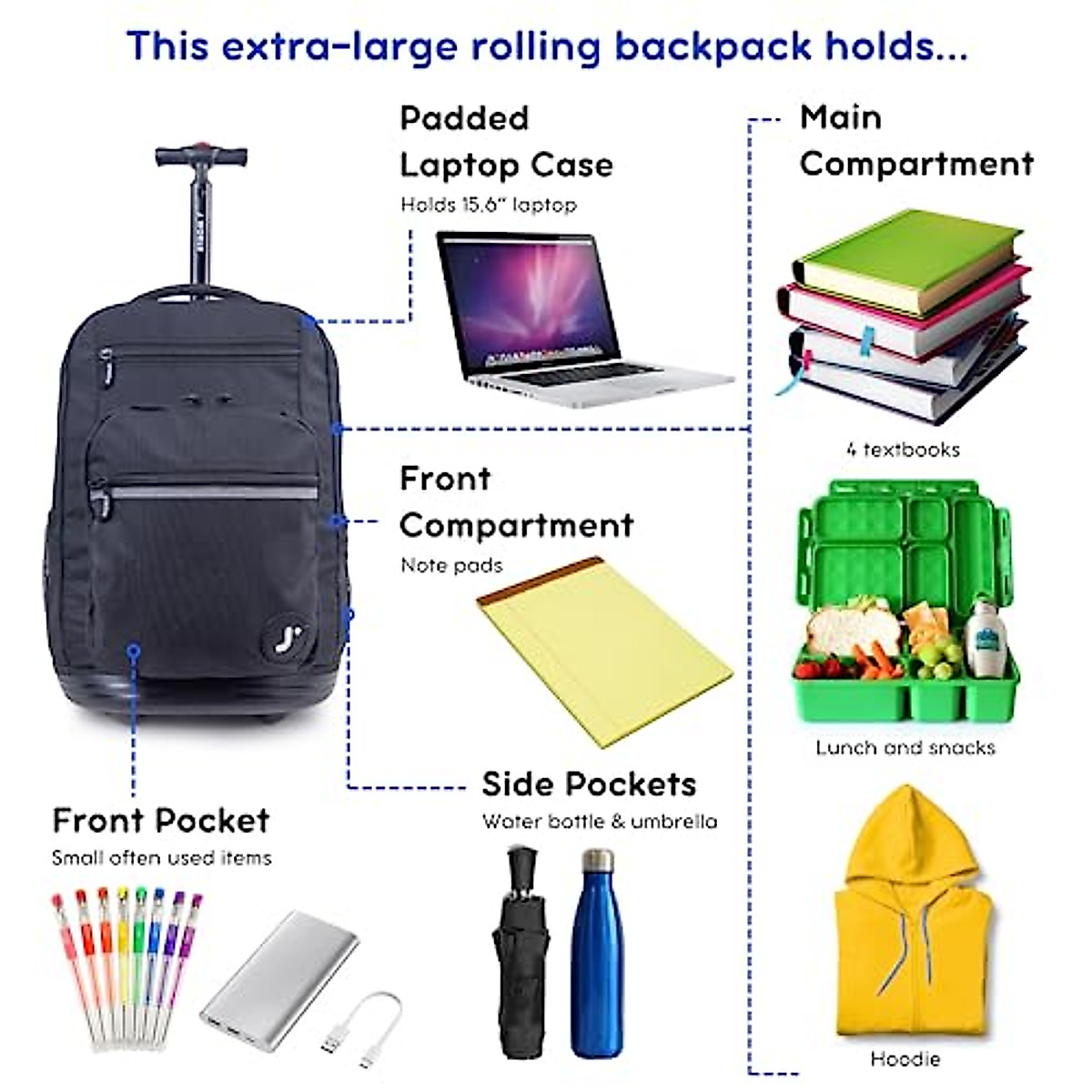 J World New York Sundance Rolling Backpack Girl Boy Roller Bookbag, Black, 20 Inch