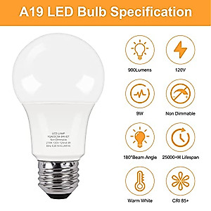 PARTPHONER A19 LED Light Bulb, 60W Equivalent, 9W 2700K Soft White, E26 Standard Base Non-Dimmable LED Light Bulb, CRI 85+, 6 Packs