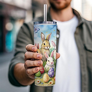 Easter Bunnies Watercolor Skinny Tumbler 20oz with Straw Insulated Water Bottle Gift