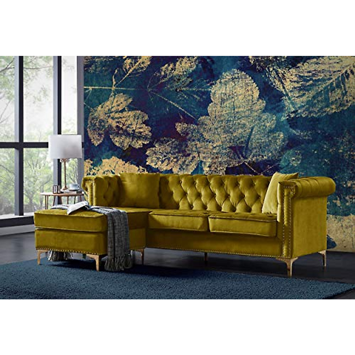 Iconic Home Levin Left Hand Facing Sectional Sofa L Shape Chaise Velvet Button Tufted Rolled Arm with Nail Head Trim Tone Metal Y-Leg with 2 Accent Pillows Modern Contemporary, Gold