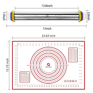 Adjustable Rolling Pin with Thickness Rings and Pastry Mat Set for Baking Cookie Chapati Fondant Dough Pastry Pizza Pie Crust, Stainless Steel Roller Pin