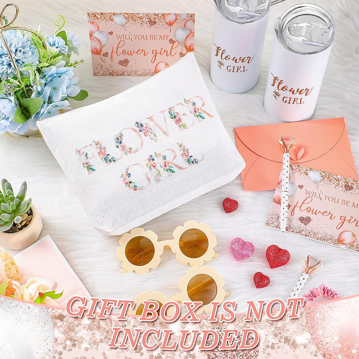 Flower Girl Proposal Gifts Flower Girl Tumblers with Straws Be My Flower Girl Card with Envelope Canvas Makeup Bag Sunglasses Hair Scrunchies Diamond Pen for Wedding Bridal Shower (White, 16 Pcs)