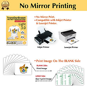 TransOurDream Iron on Heat Transfer Paper for Light T Shirts (20 Sheets 8.5x11", 3.0) Printable HTV Heat Transfer Vinyl for Inkjet & Laserjet Printer Iron On transfers for T Shirts (TRANS-L3-1-20)