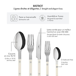 SABRE PARIS - 5-Piece Flatware Set - Bistrot Collection - Knife, Fork, Soup Spoon, Teaspoon & Dessert Fork - Stainless Steel & Nylon - Dishwasher Safe - Ivory - Brilliant Finish